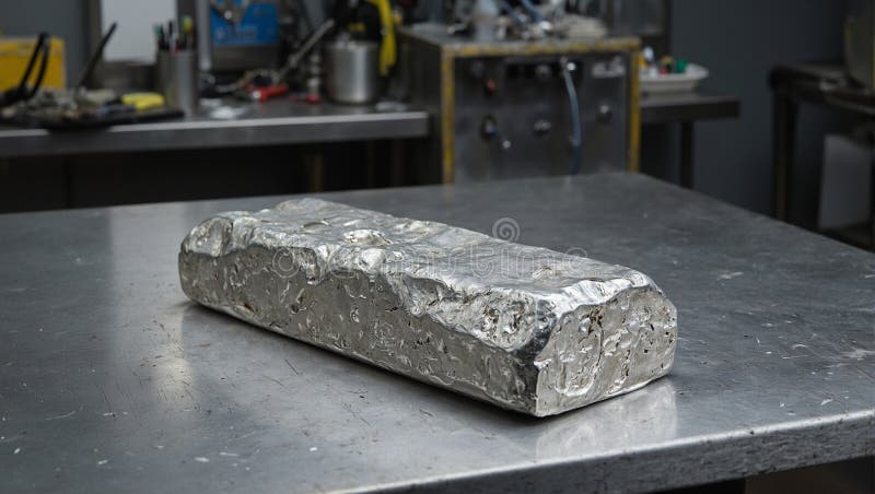 Shiny Platinum Ingot on Steel Table with Tools and Dust Stock ...