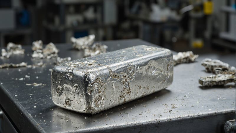 Shiny Platinum Ingot on Steel Table with Tools and Dust Stock ...