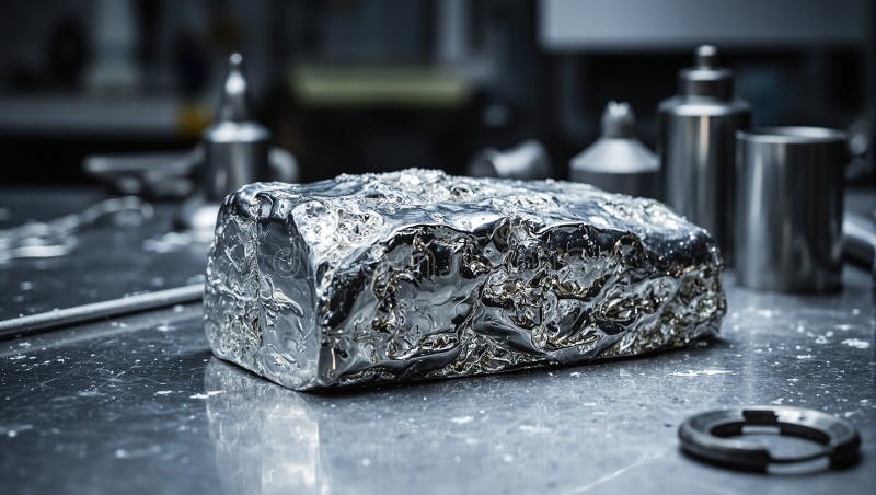 Shiny Platinum Ingot on Steel Table with Tools and Dust Stock ...