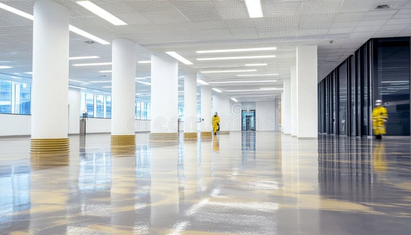 Shiny Polished Concrete or Epoxy Floor in Spacious Open Plan Empty ...