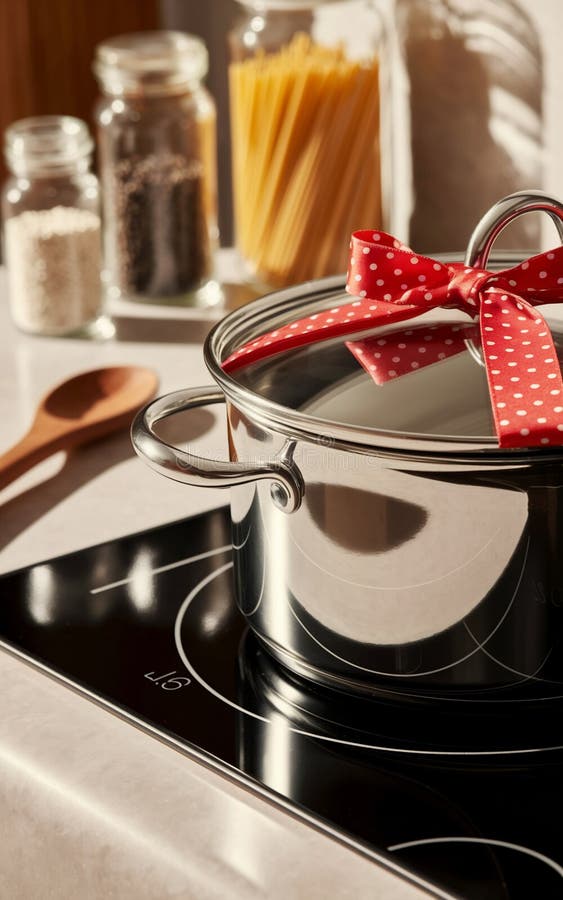 A Shiny Pot with a Red Polka Dot Ribbon Rests on an Induction Cooktop ...