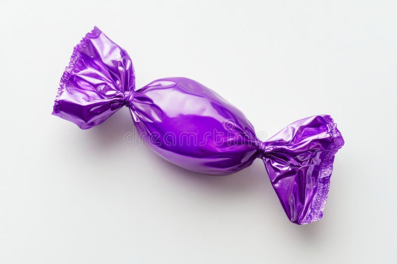 A Shiny Purple Wrapped Candy Positioned Gracefully on a Clean White ...