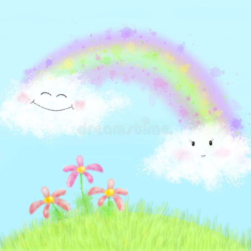 Shiny Rainbow with Beautiful Clouds Hand Draw Illustration Stock ...