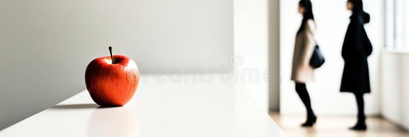 Close Up of a Glossy Red Apple on a Minimalistic White Desk with People ...