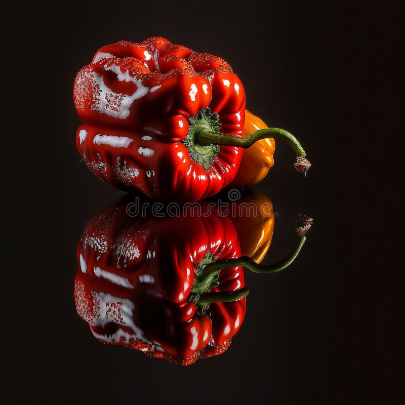 Shiny Red Capsicum with a Touch of Yellow, Reflected Against a Black ...