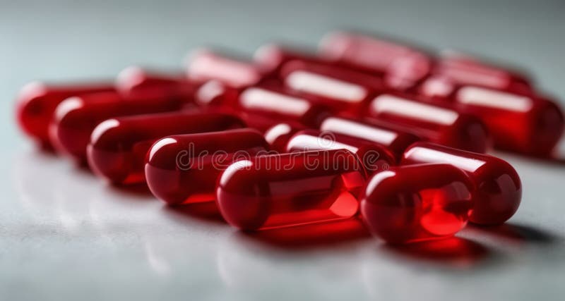 Shiny Red Capsules on a Reflective Surface Stock Illustration ...
