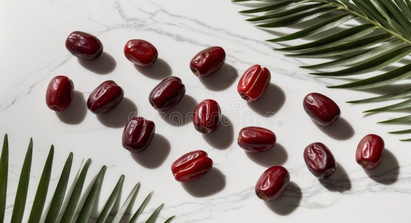 Shiny Red Dates and Palm Leaves on White Marble. Stock Image - Image of ...