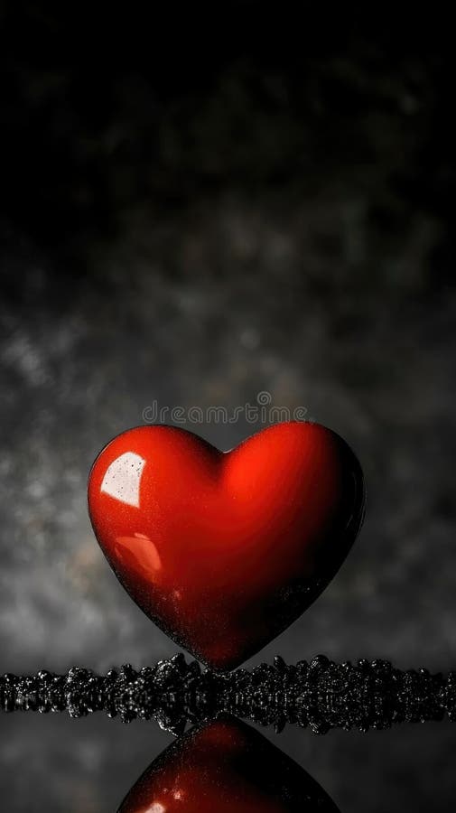 Shiny Red Heart on Black Sand with Reflective Surface Stock Image ...