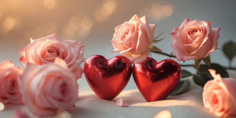 Shiny Red Hearts with Delicate Pink Roses in Warm Lighting Stock Photo ...