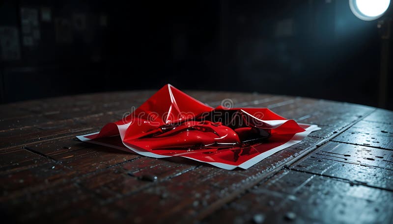 Shiny Red Object Under Wraps on Dark Wooden Table Surface Stock ...