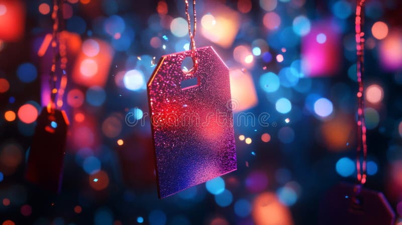 Shiny Red Price Tag Hanging with Blurred Lights Stock Illustration ...