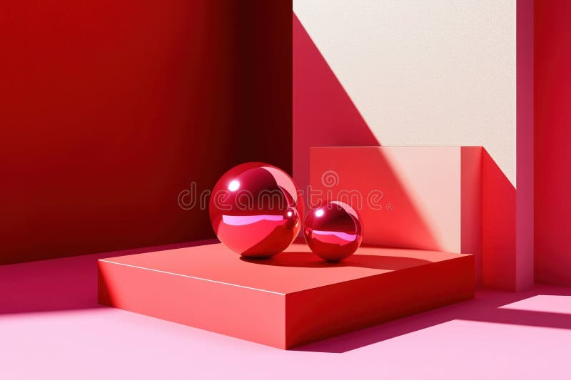 Shiny Red Spheres on Square Platform. Red, Pink Colors Create Geometric ...