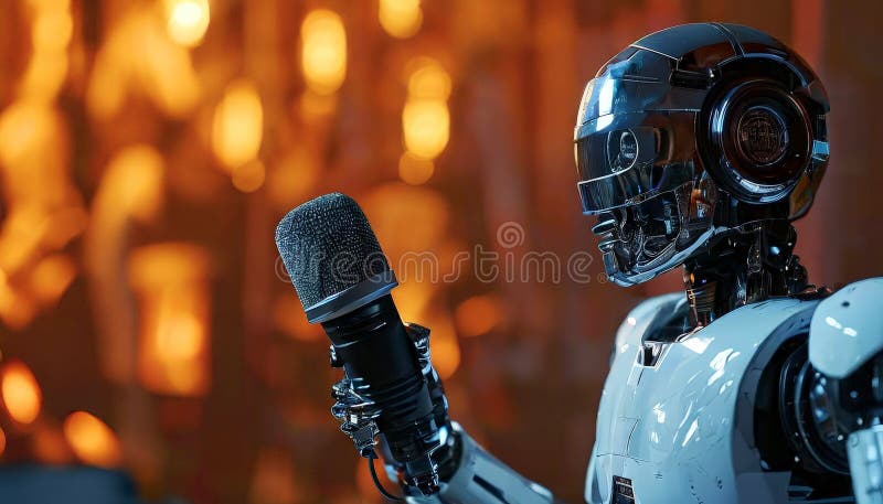 Robot Holding Microphone in a Vibrant Studio Setting Stock Photo ...