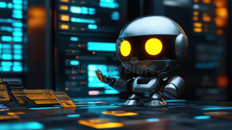 Shiny Robot with Orange Eyes Stands Amid Glowing Technology Stock ...