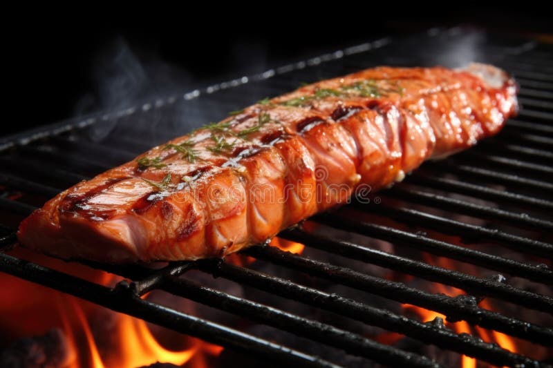 Shiny Salmon Steak on Grill Flipped on One Side Stock Image - Image of ...