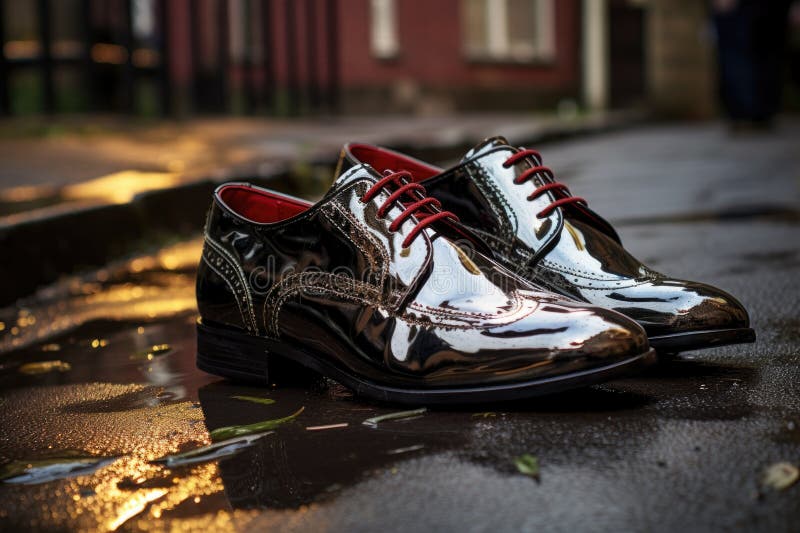 Shiny Shoes Standing on a Wet Pavement Stock Illustration ...