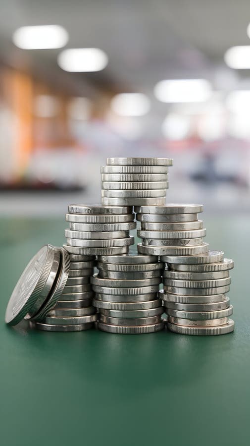 Shiny Silver Coins Stacked in a Pyramid, on a Green Surface Stock ...
