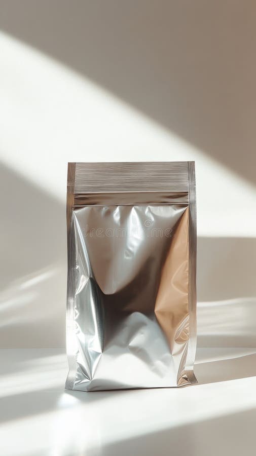 Shiny Silver Foil Pouch with Sunlight Reflections on Neutral Background ...