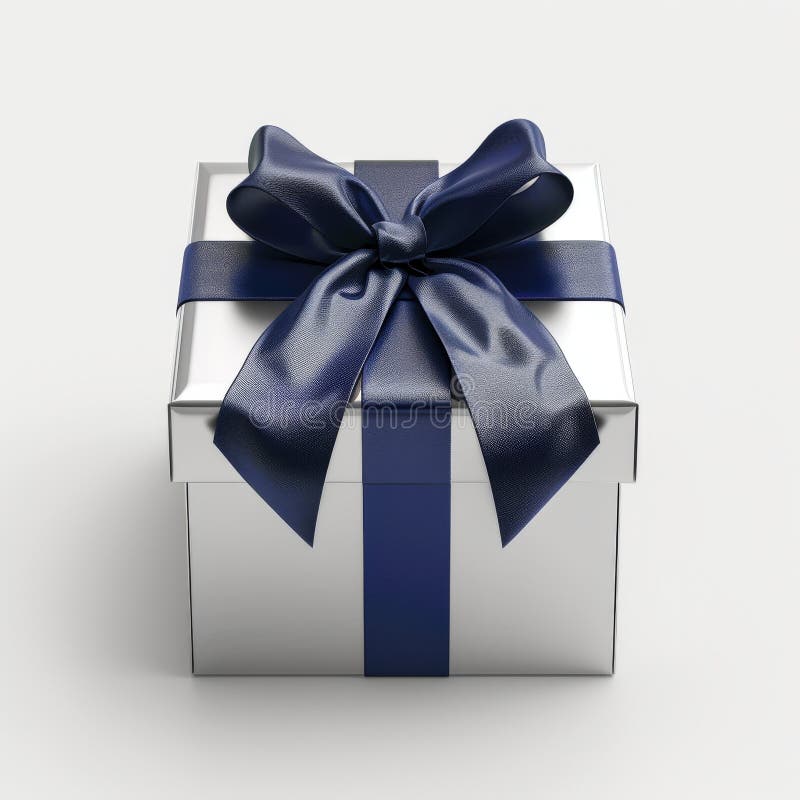 Shiny Silver Gift Box with Blue Ribbon on Isolated Background Stock ...