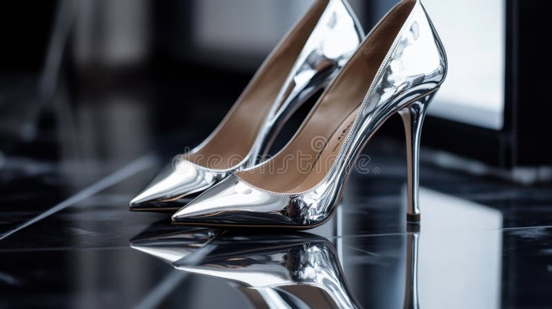 Shiny Silver High Heels on Reflective Surface in Elegant Setting Stock ...