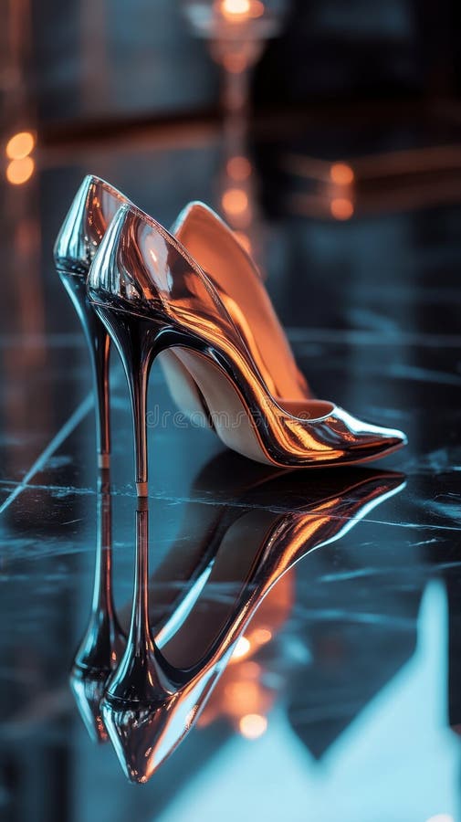 Shiny Silver High Heels on Reflective Surface in Elegant Setting Stock ...