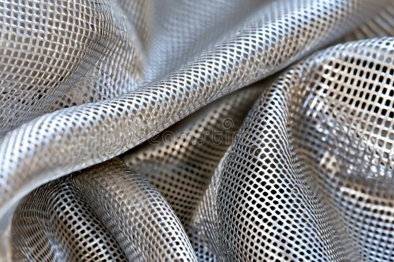 Shiny Silver Mesh Fabric with Intricate Patterns and Folds, Showcasing ...