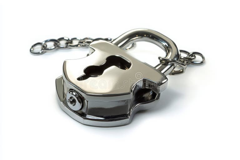 Shiny Silver Padlock Secured on a Metal Chain Isolated on a White ...