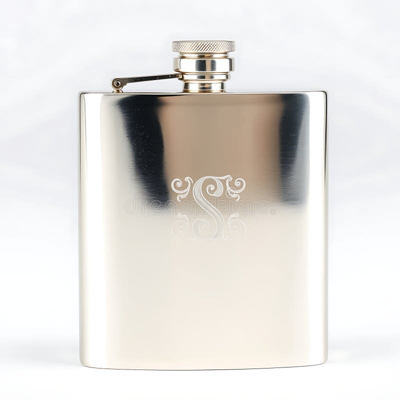 A Shiny Silver Pocket Flask with an Embossed Monogram Stock ...