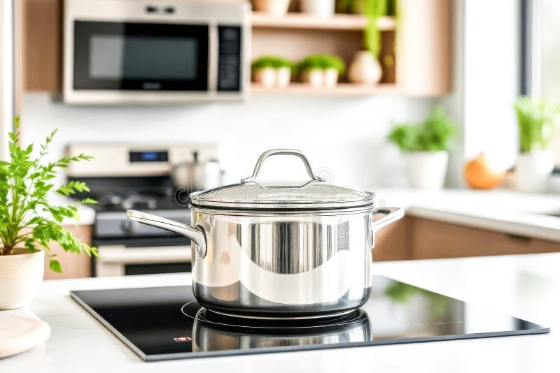 Silver Pot is Sitting on a Stove Stock Image - Image of steel, silver ...