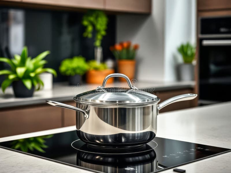 Shiny Silver Pot Sits on a Stove Burner Stock Image - Image of ...
