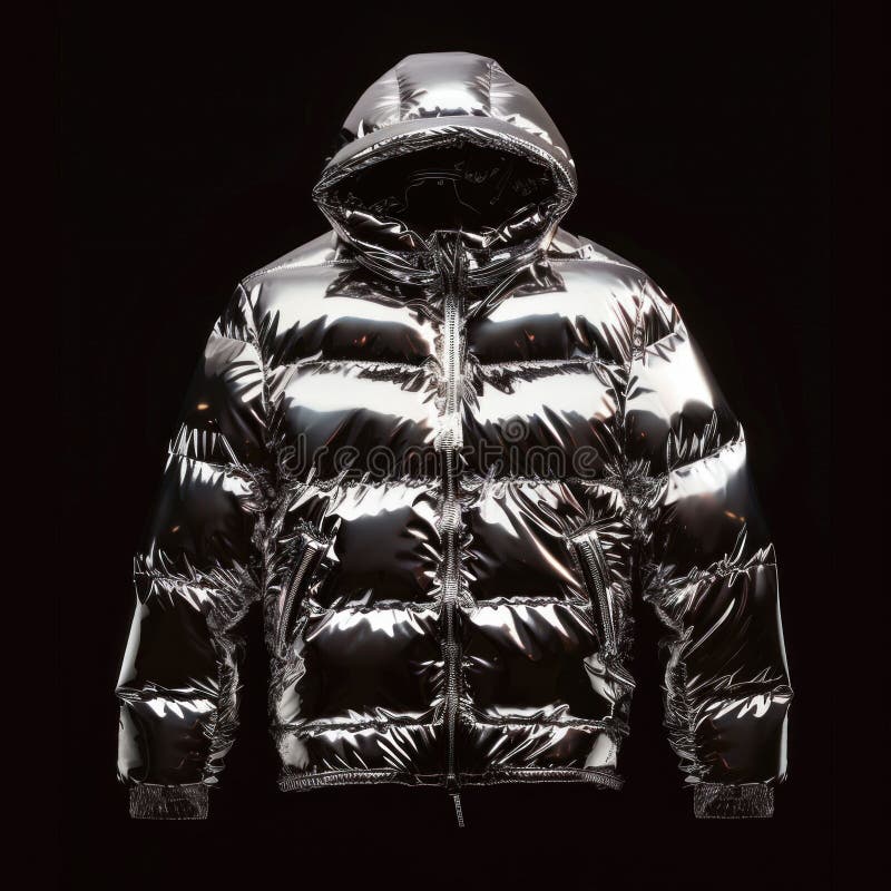 Shiny Silver Puffer Jacket on Black Background. Generative Ai Stock ...