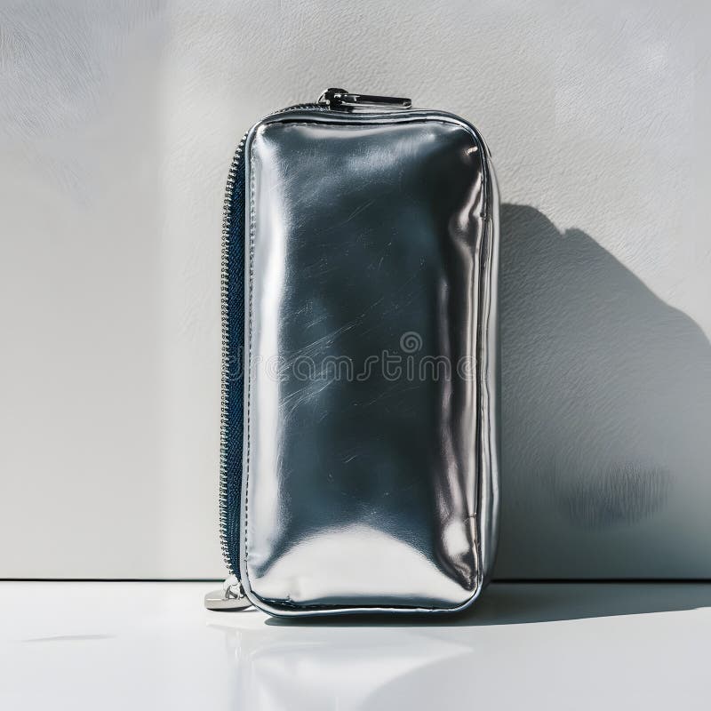 Shiny Silver Rectangular Zipper Pouch Reflecting Light Against White ...