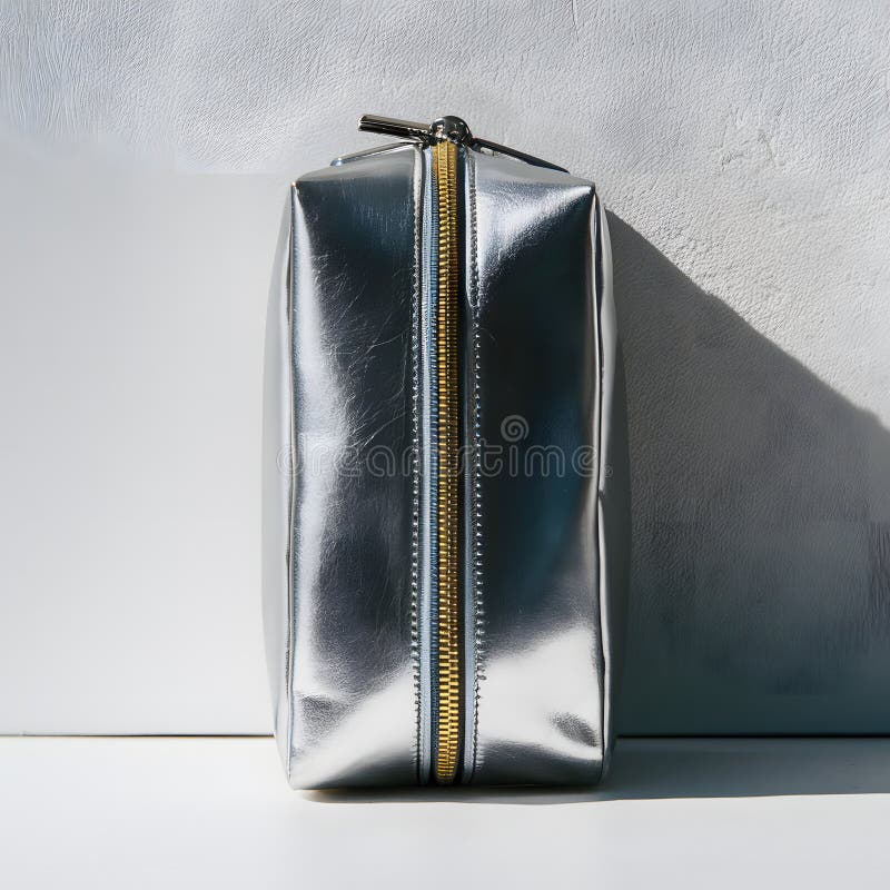 Shiny Silver Rectangular Zipper Pouch Reflecting Light Against White ...