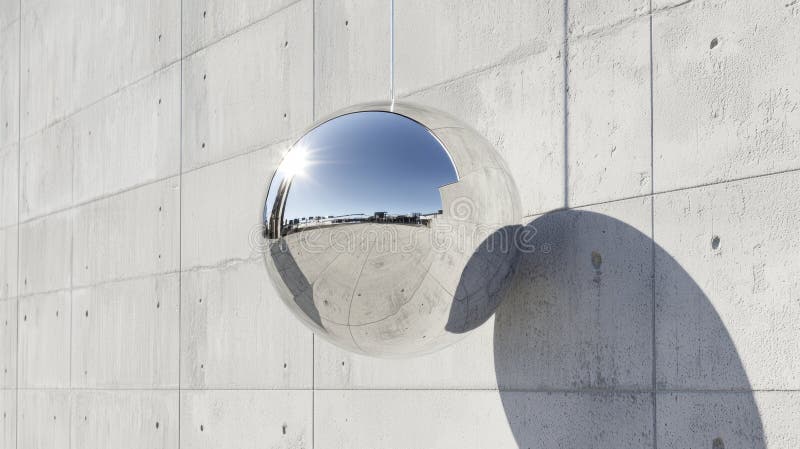 A Shiny Silver Sphere Hangs from a Thin Wire Against a Concrete Wall ...