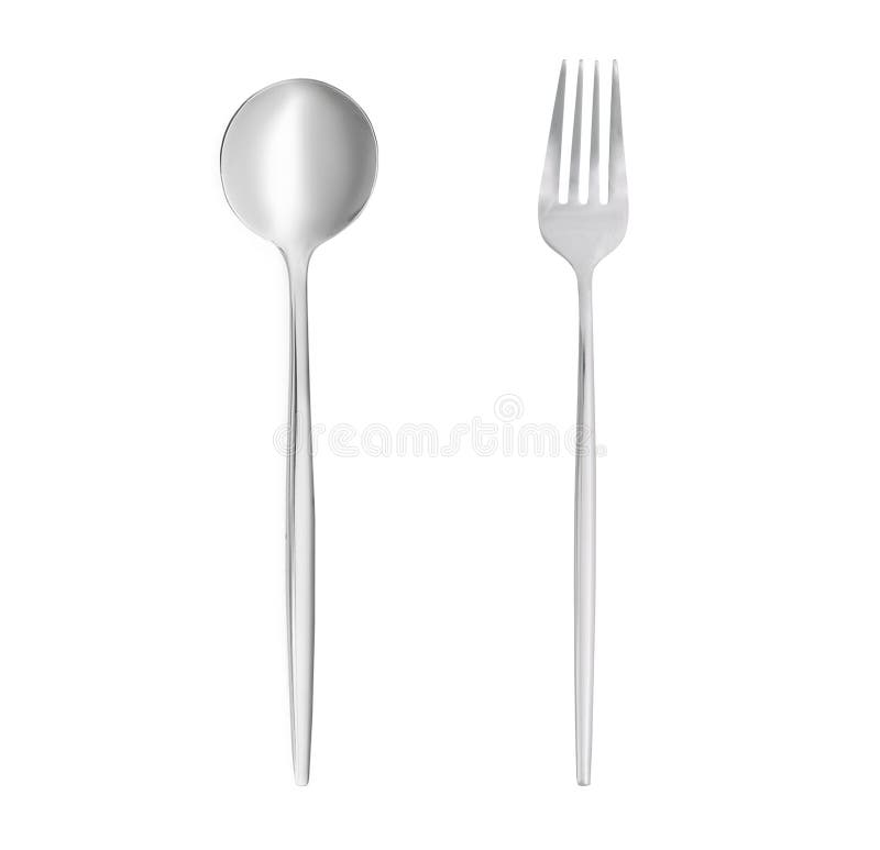 Spoon and Fork Isolated on White, Top View. Stylish Shiny Cutlery Set ...