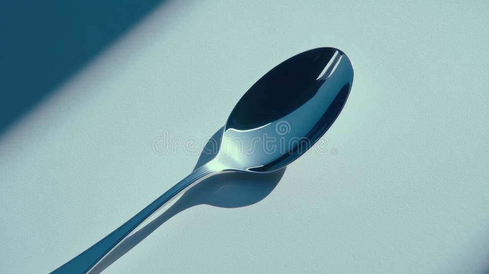 A Shiny Silver Spoon on a Light Blue Surface. Stock Image - Image of ...
