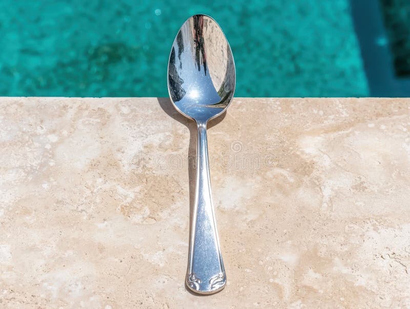 A Shiny Silver Spoon Rests on a Stone Surface Near Water. Stock ...