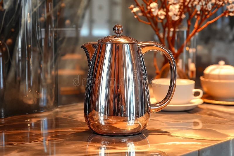 A Silver Teapot Sitting on Top of a Counter Next To a Vase of Flowers ...
