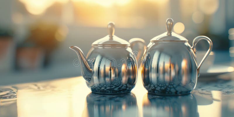 Shiny Silver Teapots Reflecting Soft Sunlight in a Warm Indoor Setting ...