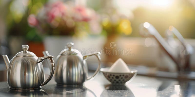 Shiny Silver Teapots Reflecting Soft Sunlight in a Warm Indoor Setting ...