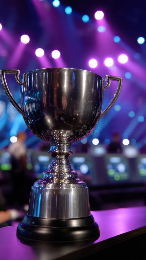 Shiny Silver Trophy Stands on a Stage with Bright Colorful Lights in ...