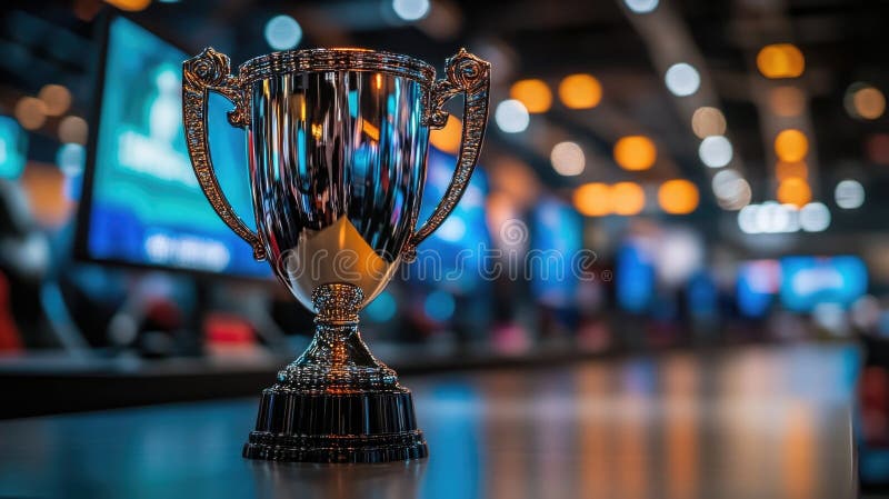 Shiny Silver Trophy on Table in Gaming Arena with Colorful Bokeh Lights ...