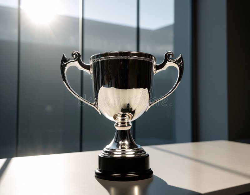 A Shiny Silver Trophy with Two Handles Sits on a White Surface, Bathed ...