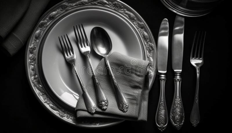 Shiny Silverware Set on Black Tablecloth, Elegant Still Life ...