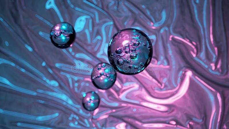 Shiny Soap Bubbles on Reflective Surface with Pink and Blue Light ...