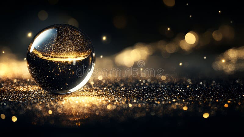Shiny Sphere Reflecting Light on Dark Surface, Surrounded by Sparkling ...