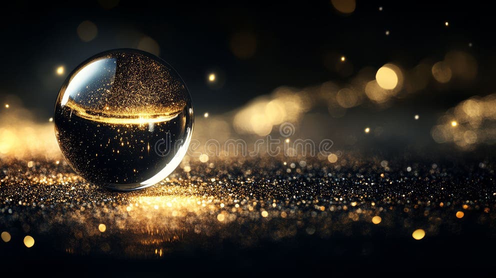 Shiny Sphere Reflecting Light on Dark Surface, Surrounded by Sparkling ...