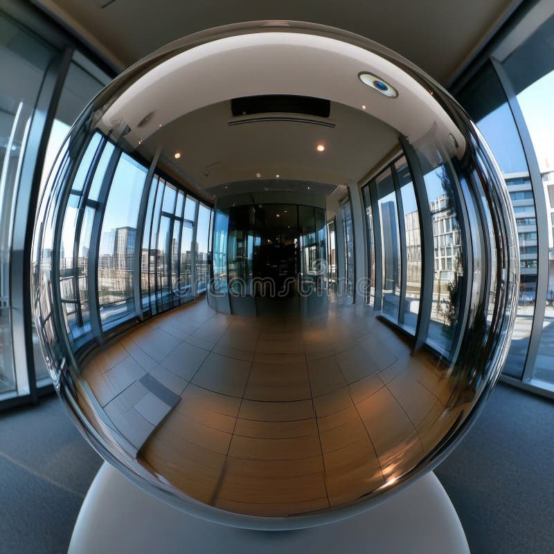 A Shiny Sphere Reflecting a Modern Office Space with Windows and City ...