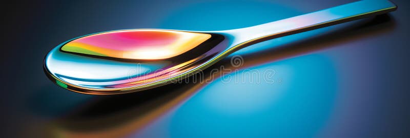 Reflective Spoon Rests on a Vibrant Surface with Colorful Hues Under ...