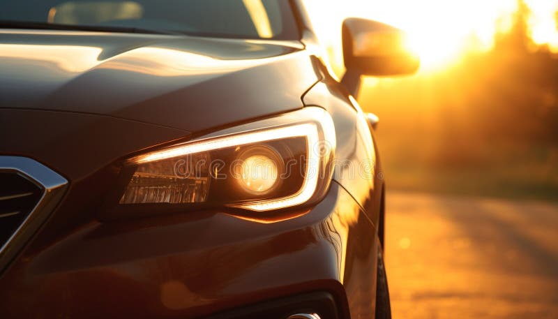 Shiny Sports Car on Modern Asphalt, Illuminated by Bright Headlights ...